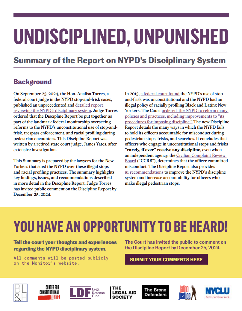 Undisciplined, Unpunished: Summary of the Report on NYPD’s Disciplinary ...